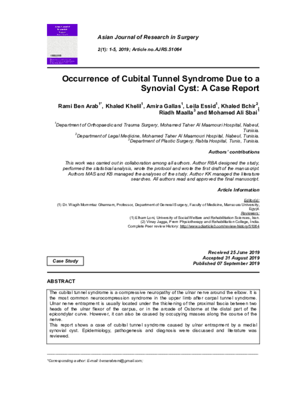 (PDF) Occurrence of Cubital Tunnel Syndrome Due to a Synovial Cyst: A ...