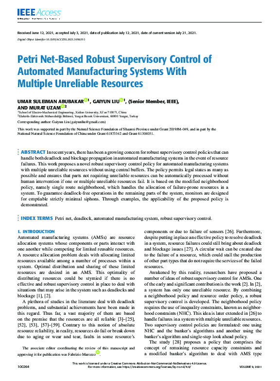 (PDF) Petri Net-Based Robust Supervisory Control of Automated Manufacturing Systems With ...