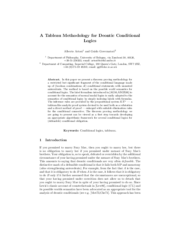 (PDF) A tableau methodology for deontic conditional logics