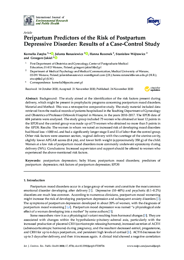 (PDF) Peripartum Predictors of the Risk of Postpartum Depressive ...