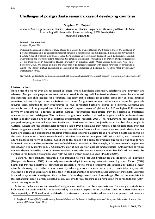 (PDF) Challenges of postgraduate research: case of developing countries ...