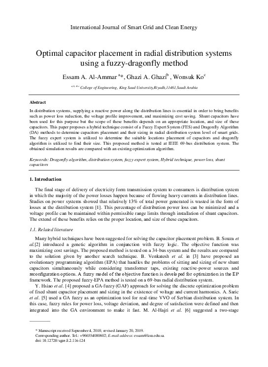 Pdf Optimal Capacitor Placement In A Radial Distribution System Using Bat Algorithm Salem