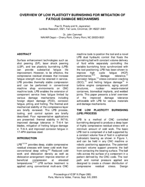 (PDF) Overview of Low Plasticity Burnishing for Mitigation of Fatigue Damage Mechanisms