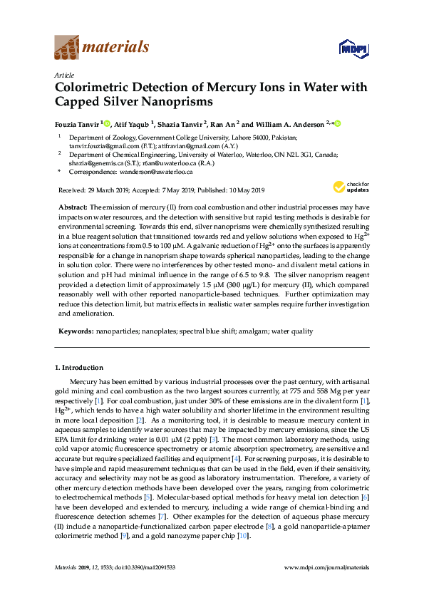Pdf Colorimetric Detection Of Mercury Ions In Water With Capped