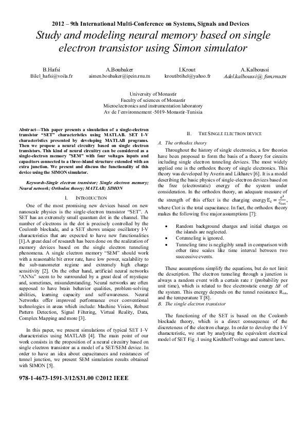 (PDF) Study and modeling neural memory based on single electron transistor using Simon simulator