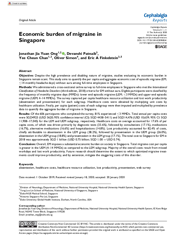 (PDF) Economic burden of migraine in Singapore