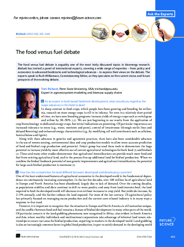 (PDF) The Food versus Fuel Debate