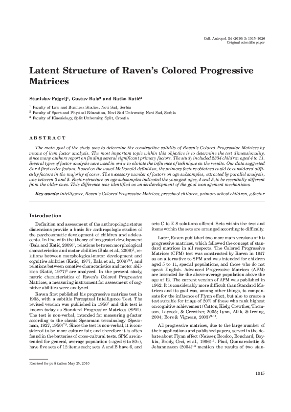 (PDF) Latent structure of Raven's Colored Progressive Matrices