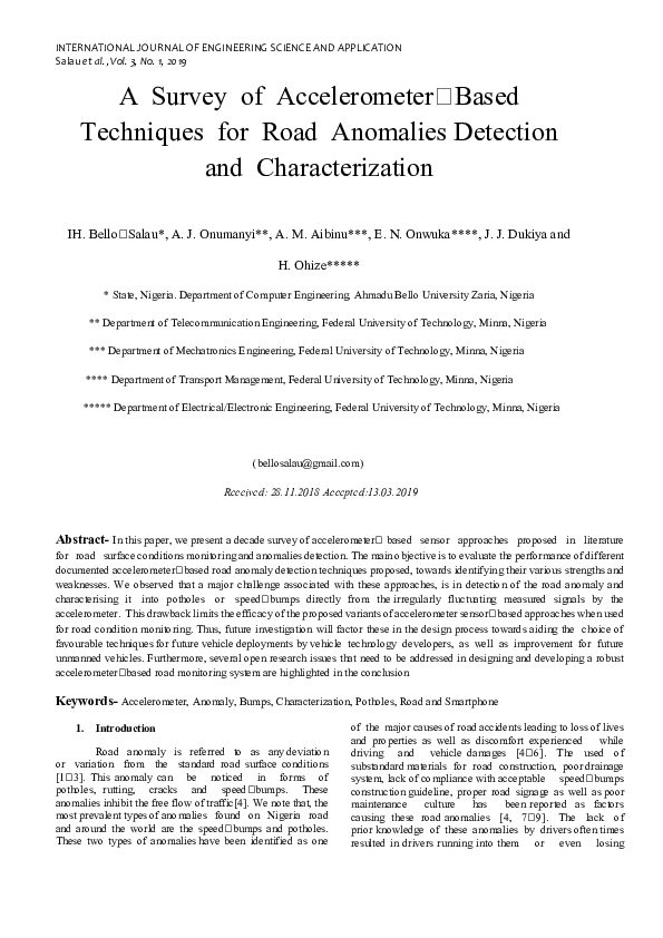 (PDF) A Survey of Accelerometer-Based Techniques for Road Anomalies Detection and Characterization