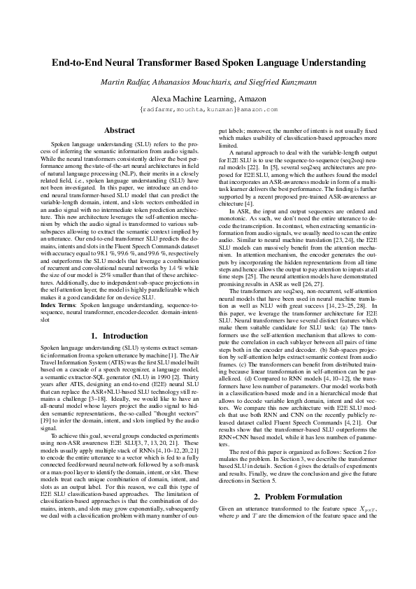 (PDF) End-to-End Neural Transformer Based Spoken Language Understanding