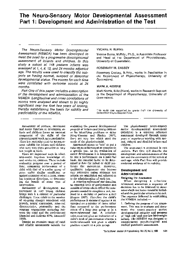 (PDF) The Neuro-sensory Motor Developmental Assessment Part 1 ...