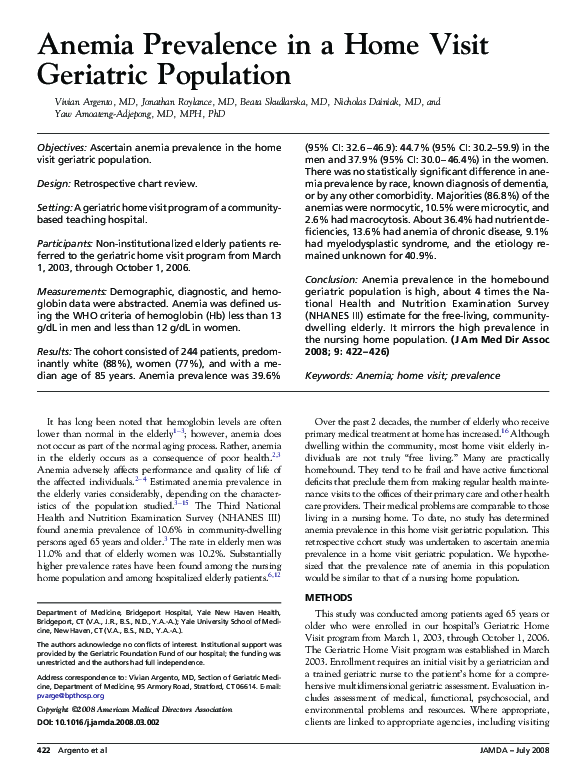 (PDF) Anemia Prevalence in a Home Visit Geriatric Population