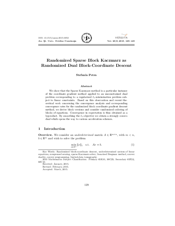 (PDF) Randomized Sparse Block Kaczmarz as Randomized Dual Block-Coordinate Descent