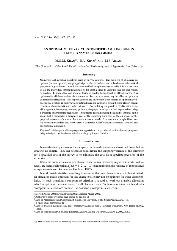 (PDF) An Optimal Multivariate Stratified Sampling Design Using Dynamic Programming