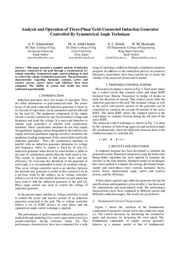 Pdf Analysis And Operation Of Three Phasegrid Connected Induction Generator Controlled By