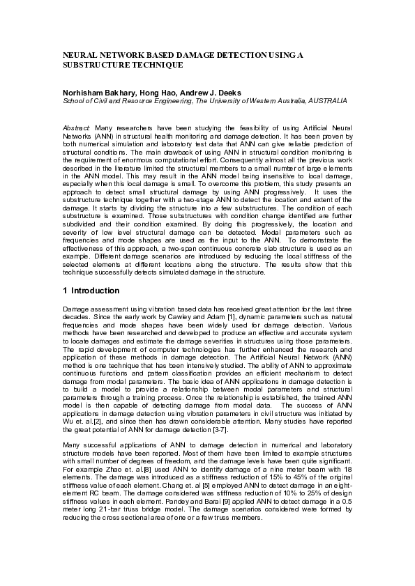 (PDF) Neural network based damage detection using substructure technique