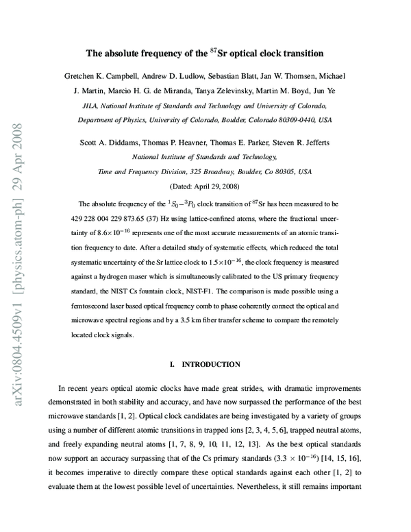 (PDF) The absolute frequency of the 87 Sr optical clock transition