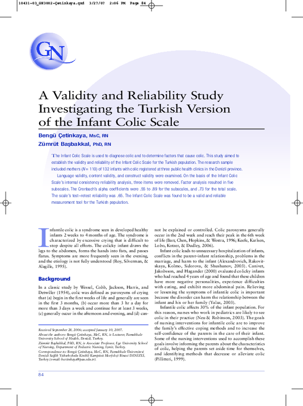 (PDF) A Validity and Reliability Study Investigating the Turkish Version of the Infant Colic Scale