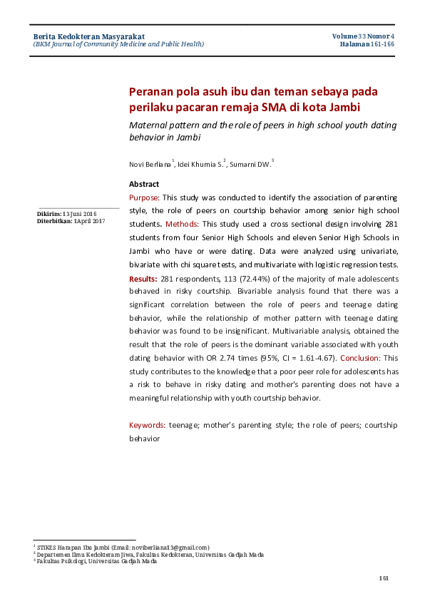 (PDF) Pola asuh ibu dan peran teman sebaya pada perilaku pacaran remaja
