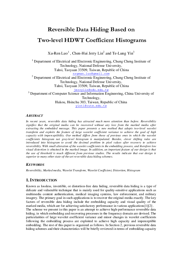 (PDF) Reversible Data Hiding Based on Two-level HDWT Coefficient Histograms