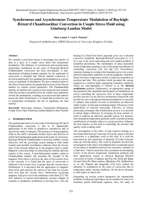 (PDF) Synchronous and Asynchronous Temperature Modulation of Rayleigh-B ́ nard Chandrasekhar ...