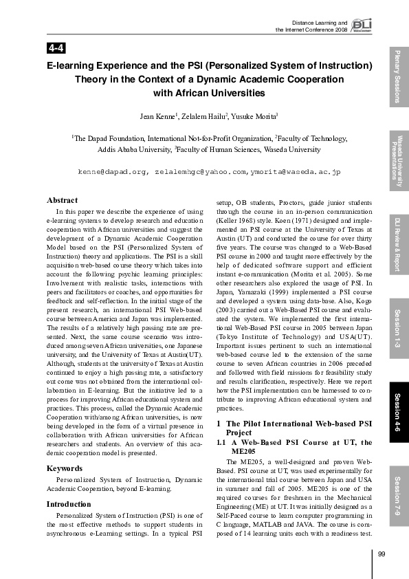(PDF) E-learning Experience and the PSI (Personalized System of ...