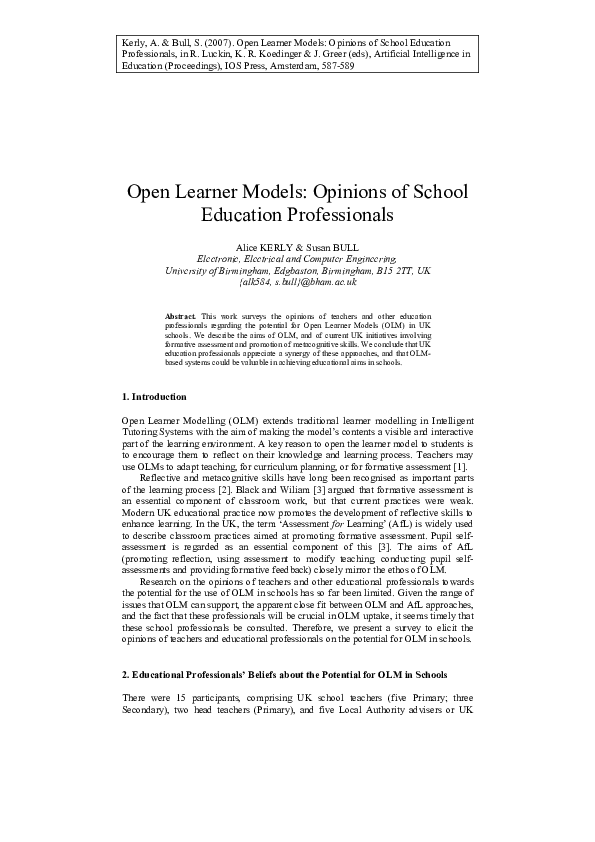 (PDF) Open learner models: opinions of school education professionals