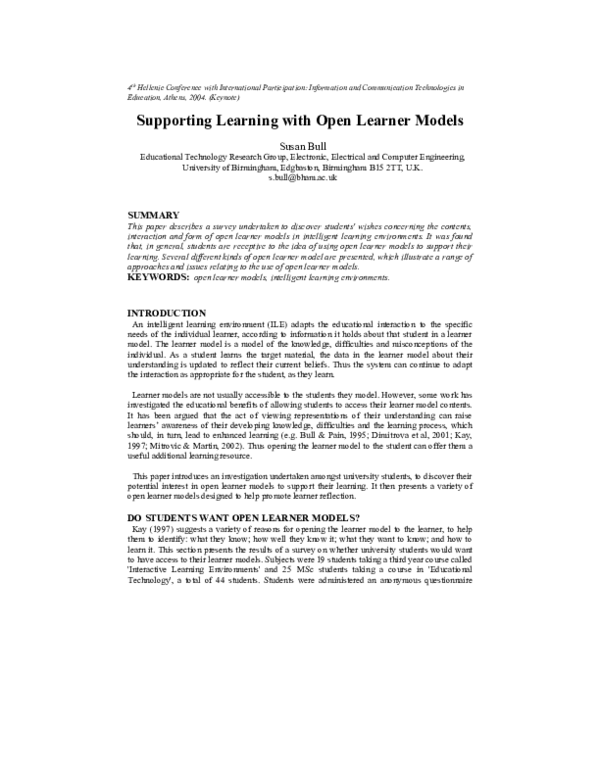 (PDF) Supporting learning with open learner models