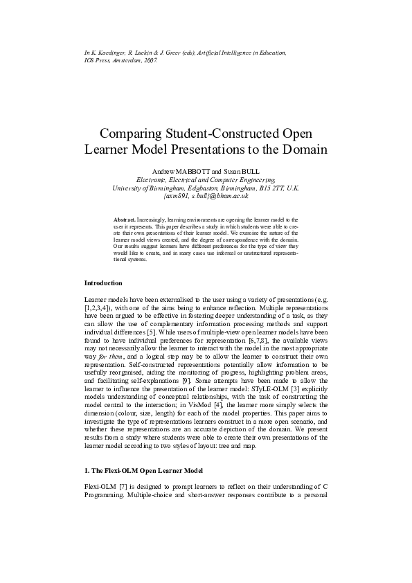 (PDF) Comparing Student-Constructed Open Learner Model Presentations to the Domain | Susan Bull ...