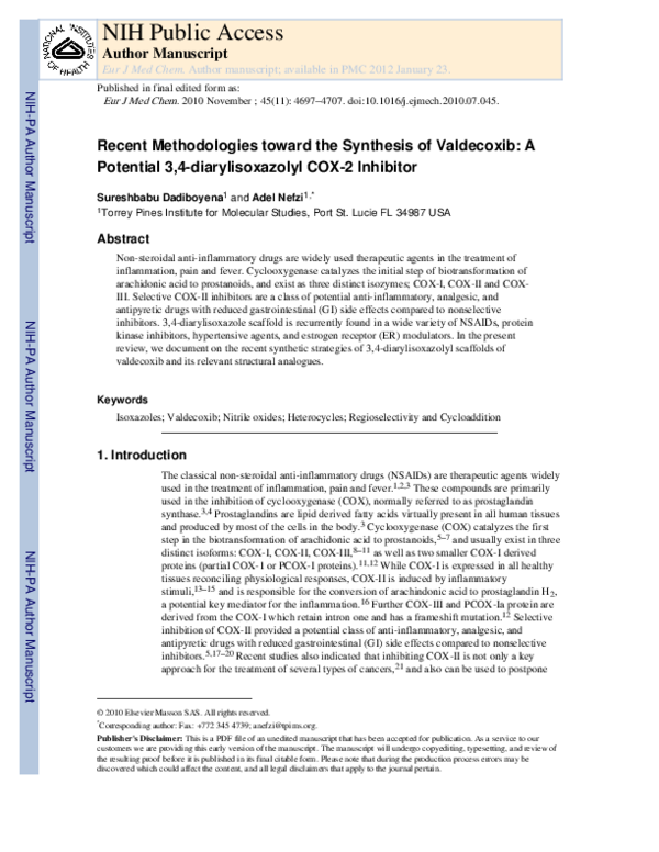 (PDF) Recent methodologies toward the synthesis of valdecoxib: A ...