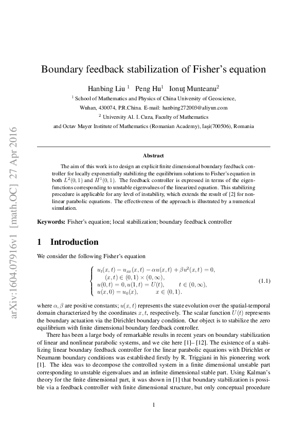 (PDF) Boundary feedback stabilization of Fisher’s equation