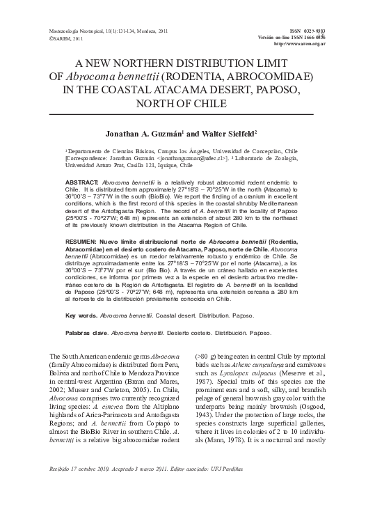 (PDF) A new northern distribution limit of Abrocoma bennettii (Rodentia ...