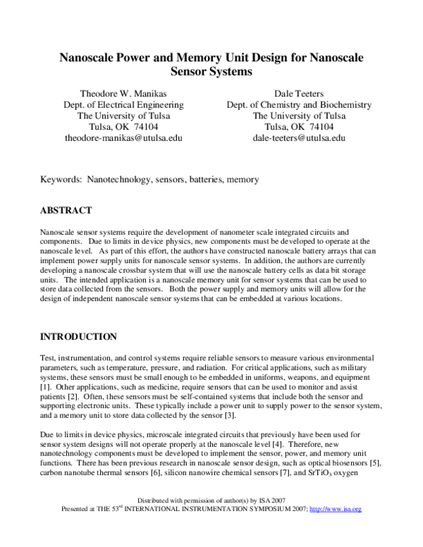 (PDF) Nanoscale Power and Memory Unit Design for Nanoscale Sensor Systems