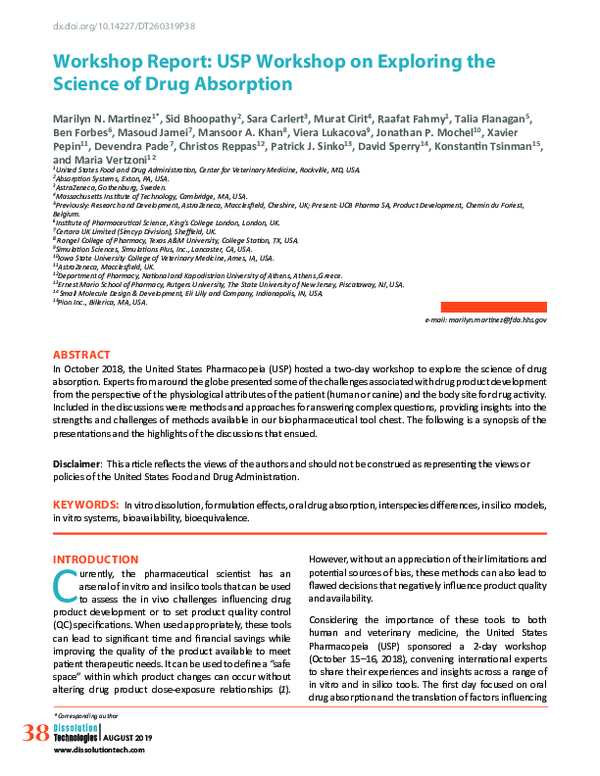 (PDF) Workshop Report: USP Workshop on Exploring the Science of Drug Absorption