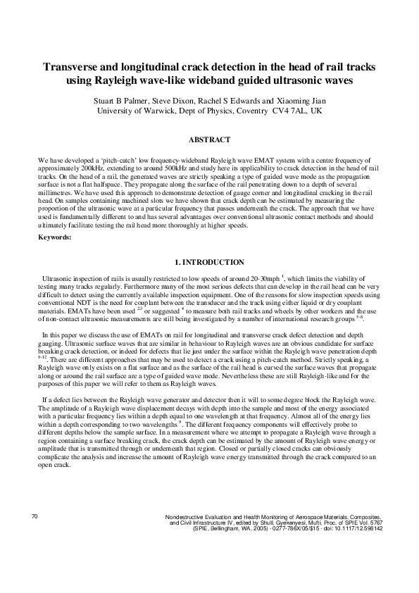 (PDF) Transverse and longitudinal crack detection in the head of rail tracks using Rayleigh wave ...