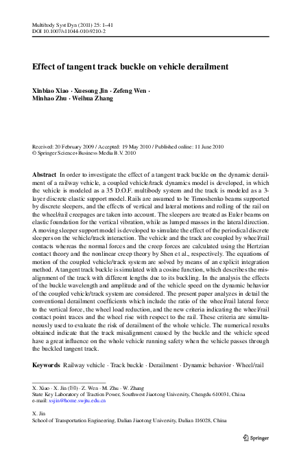 (PDF) Effect of tangent track buckle on vehicle derailment
