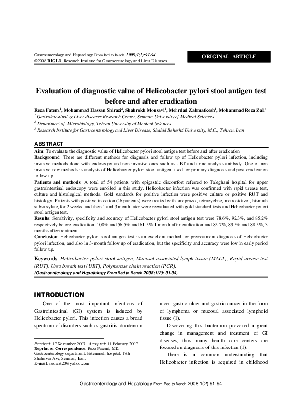 (PDF) Evaluation of diagnostic value of Helicobacter pylori stool ...