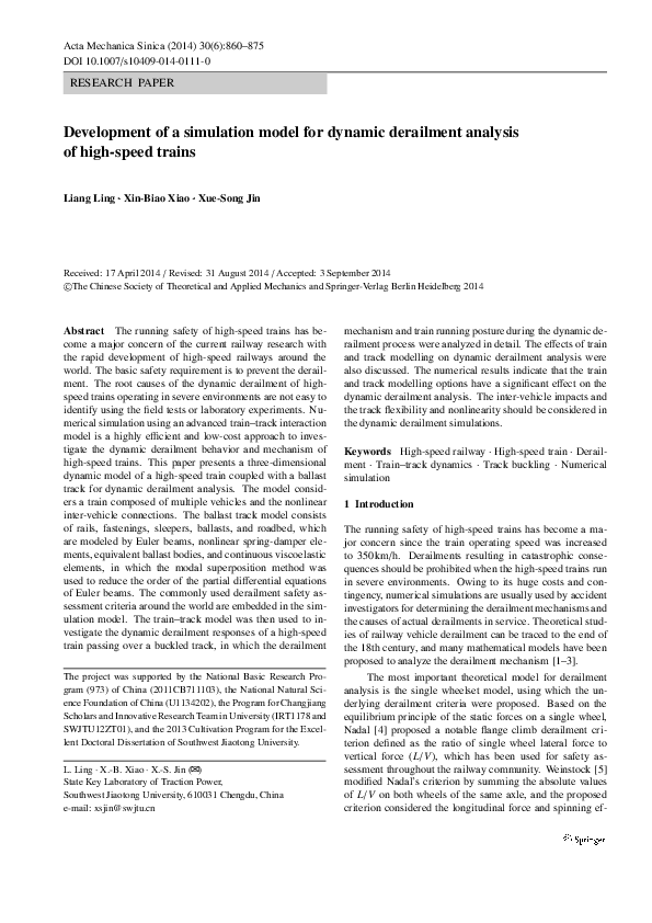 (PDF) Development of a simulation model for dynamic derailment analysis of high-speed trains