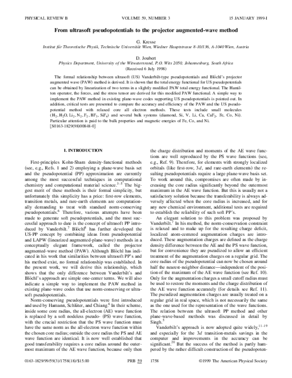 (PDF) From ultrasoft pseudopotentials to the projector augmented-wave method
