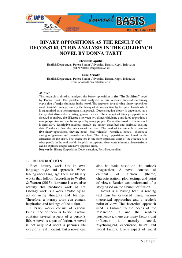 (PDF) Binary Oppositions Deconstruction of in “The Goldfinch” Novel by Donna Tartt