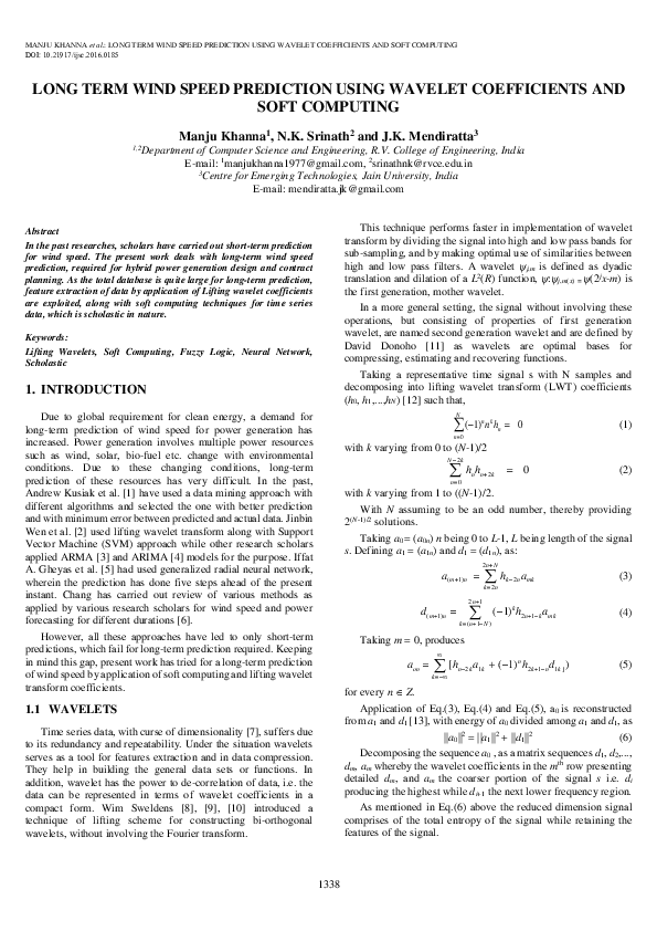 (PDF) Long Term Wind Speed Prediction Using Wavelet Coefficients and Soft Computing