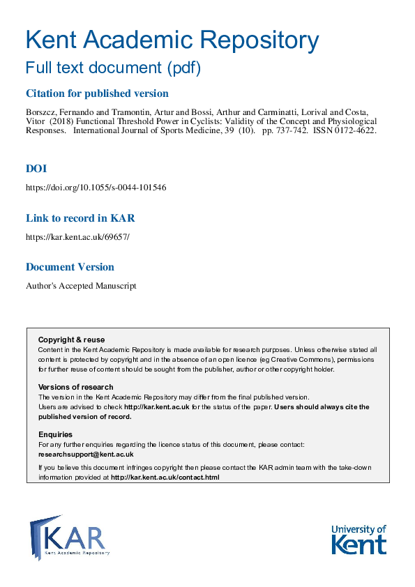 Pdf Functional Threshold Power In Cyclists Validity Of The Concept