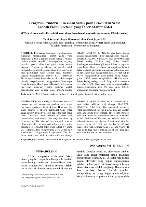 (PDF) Pengaruh Pemberian Urea dan Sulfur pada Pembuatan Silase Limbah Padat Bioetanol yang ...