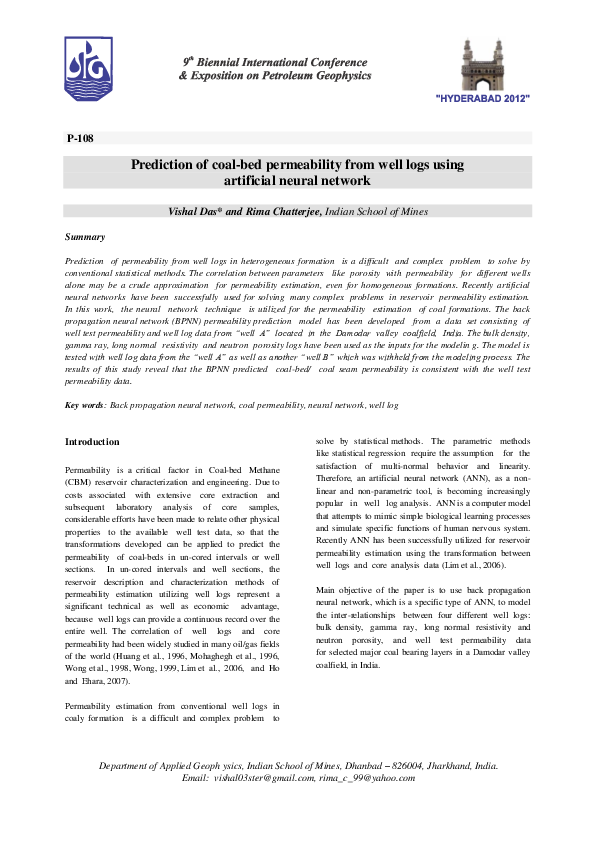Pdf Prediction Of Coalbed Permeability From Well Logs Using Artificial Neural Network
