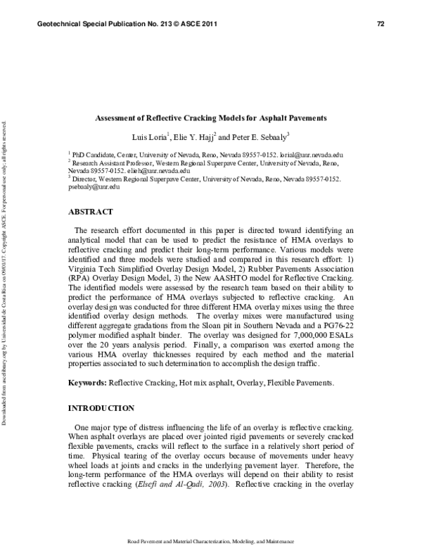 (PDF) Assessment of Reflective Cracking Models for Asphalt Pavements