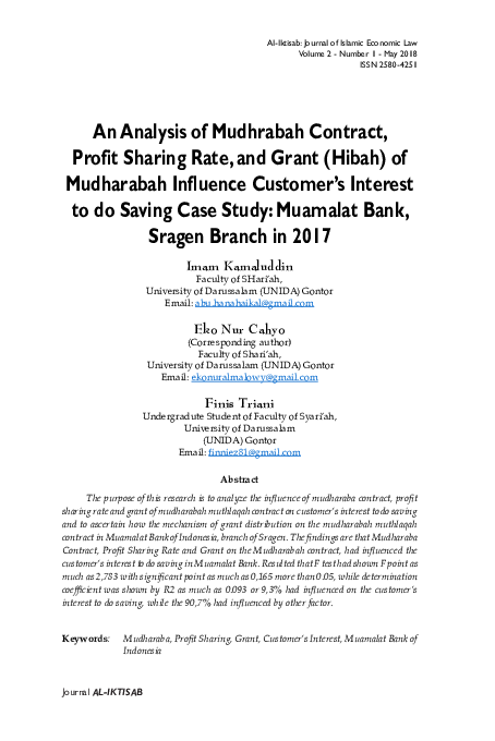 (PDF) An Analysis of Mudhrabah Contract, Profit Sharing Rate, and Grant ...