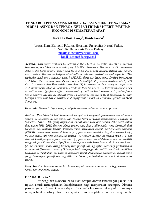 (PDF) Pengaruh Penanaman Modal Dalam Negeri, Penanaman Modal Asing Dan Tenaga Kerja Terhadap ...