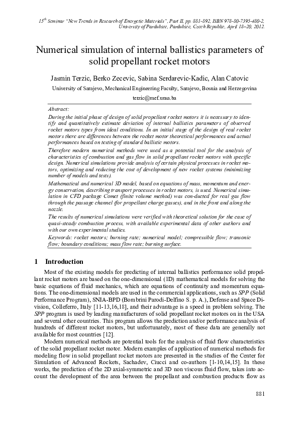 (PDF) Numerical simulation of internal ballistics parameters of solid propellant rocket motors