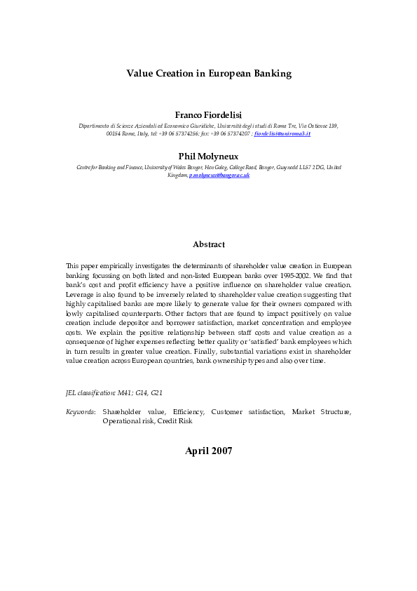 (PDF) Value Creation in European Banking