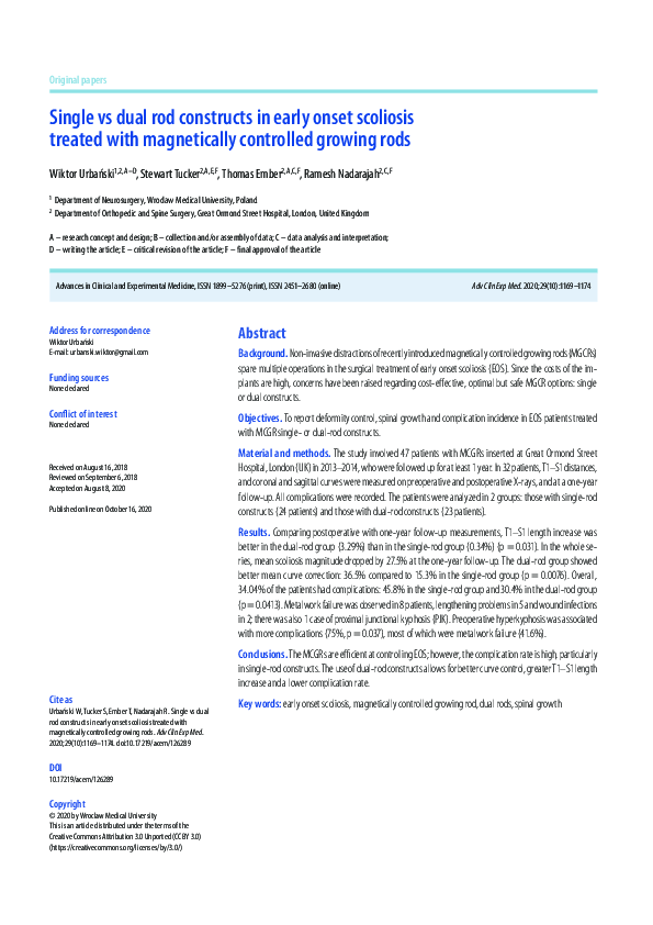 (PDF) Single vs dual rod constructs in early onset scoliosis treated ...
